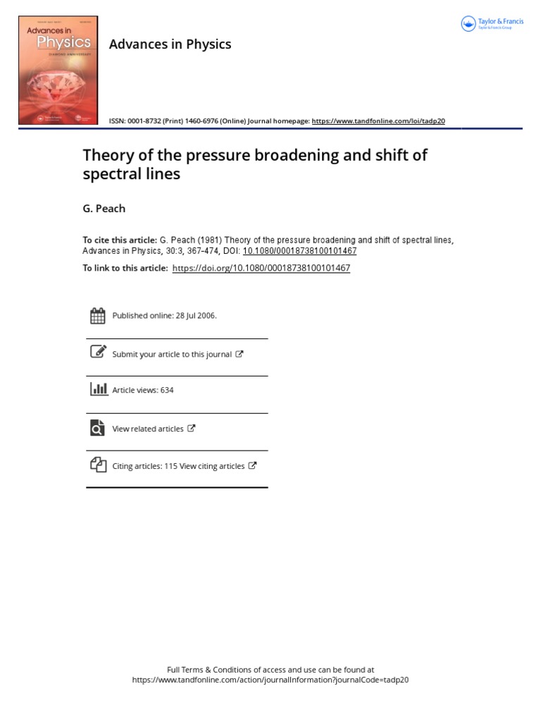 Theory of The Pressure Broadening and Shift of Spectral Lines PDF | Download Free PDF | Spectral ...
