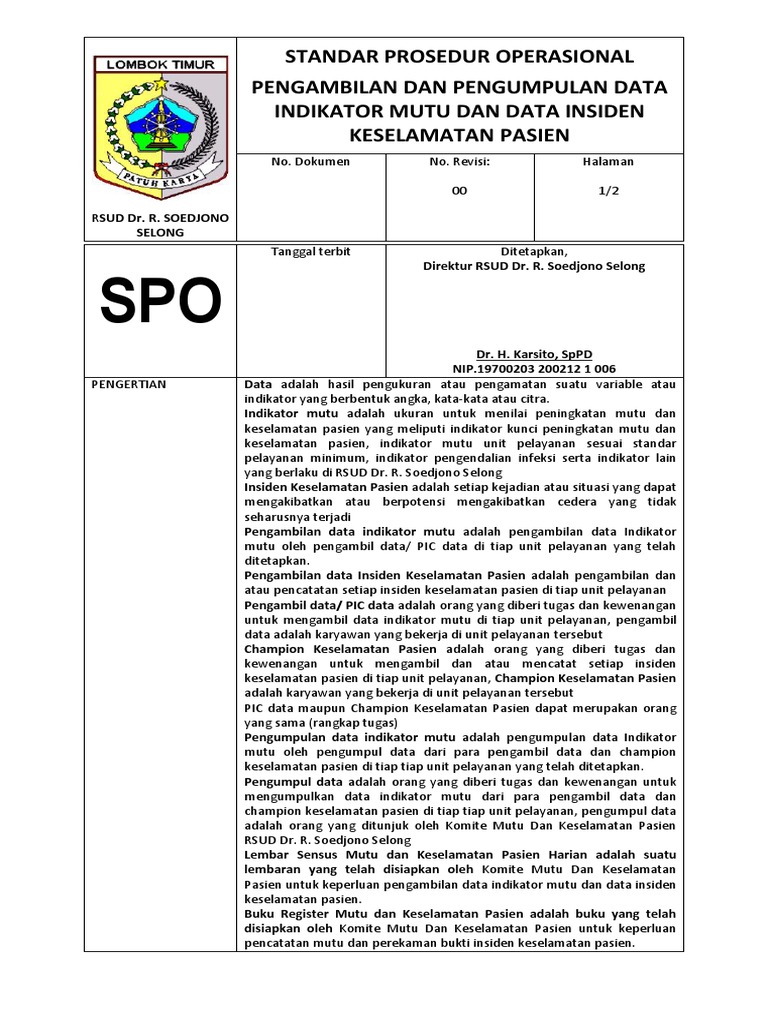 SPO Pengambilan Dan Pengumpulan Data Indikator Mutu Dan Data Insiden Keselamatan Pasien | PDF
