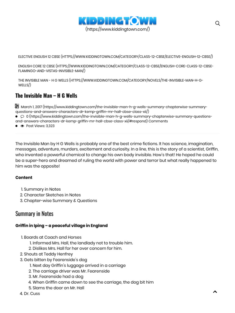 The Invisible Man - H G Wells Chapter-Wise Summary Important Questions ...