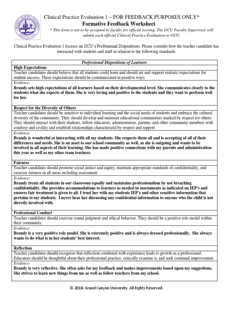 Clinical Practice Evaluation 1 Feedback Brandy Williams 2 | PDF ...