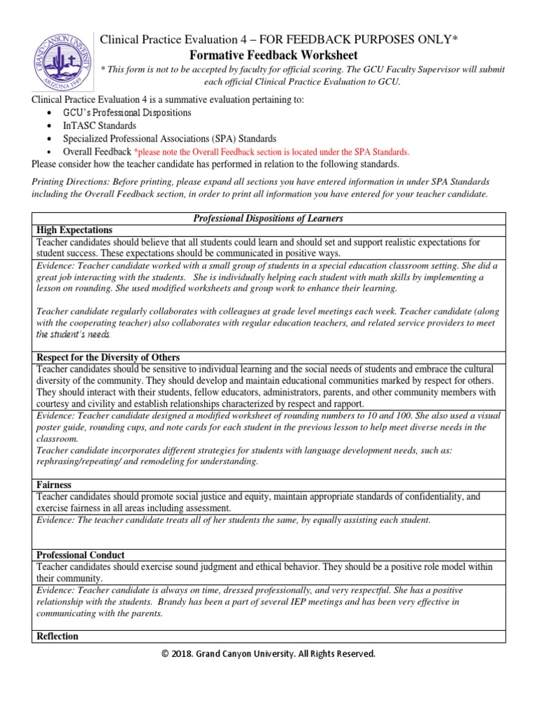 Clinical Practice Evaluation 4 Feedback 1 BW 1 | PDF | Educational ...