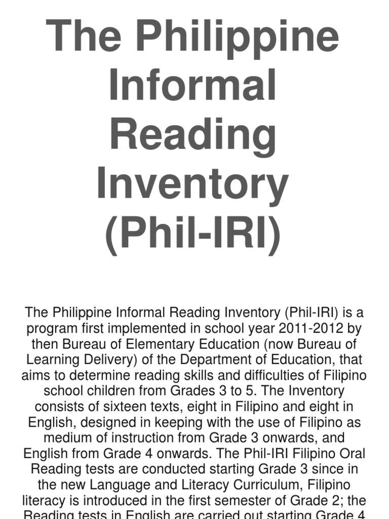 The Philippine Informal Reading Inventory (Phil-IRI | PDF | Reading ...