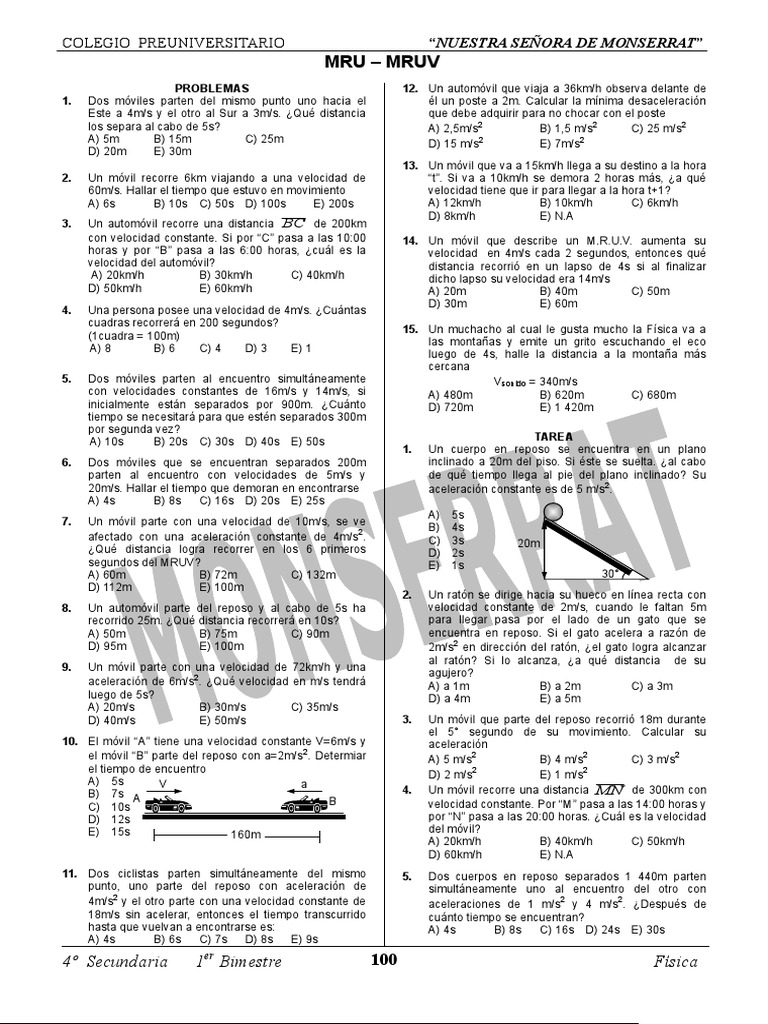 Problemas de MRU y MRUV Física 4º Sec. | PDF | Aceleración | Velocidad