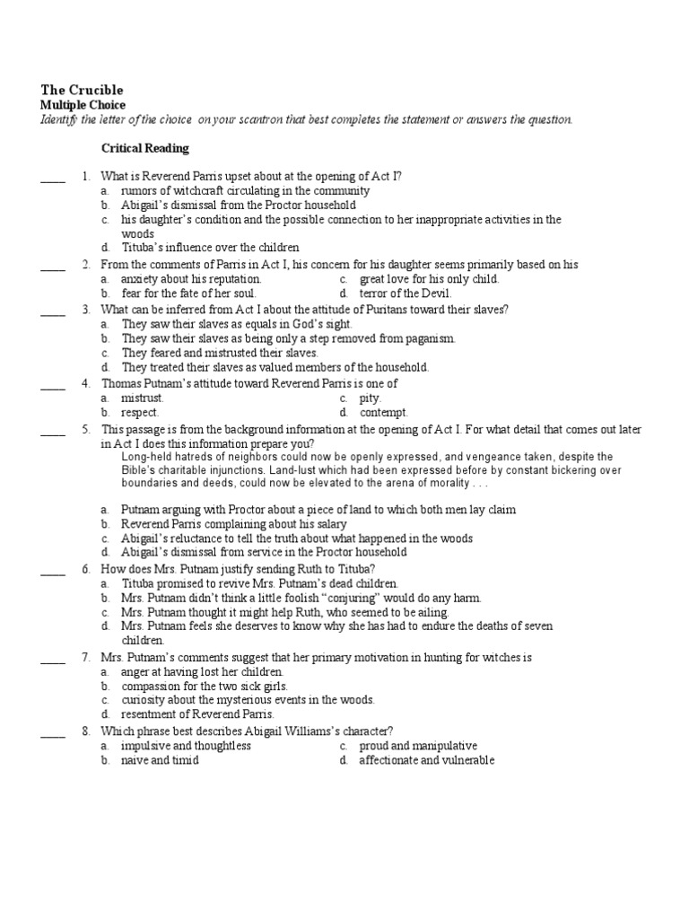 Analysis of Key Events and Characters in Act I and II of The Crucible | PDF