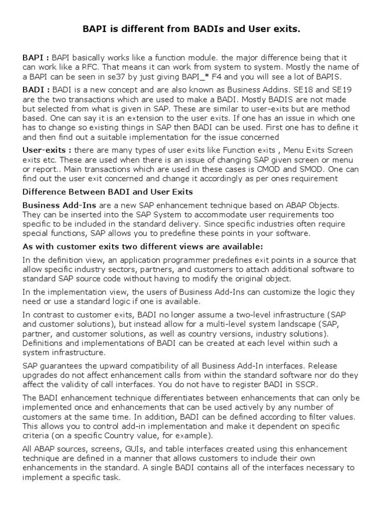 BAPI Is Different From BADIs and User Exits | PDF | Graphical User Interfaces | Information ...