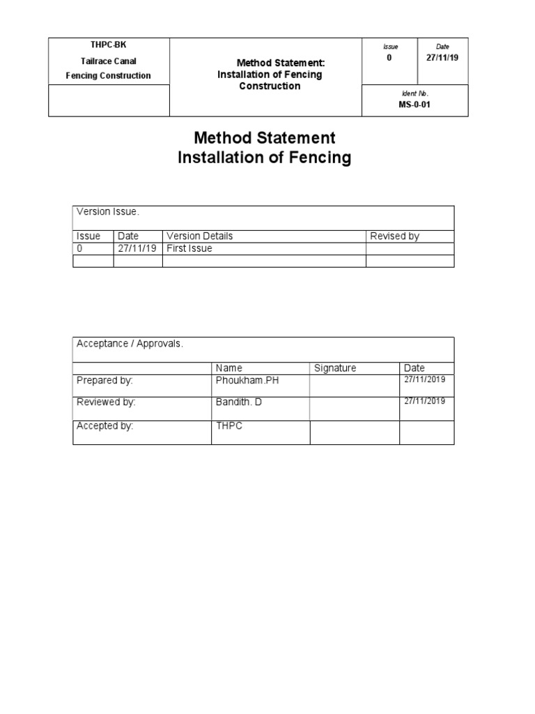 Method Statement For Fencing Installation | PDF | Personal Protective ...