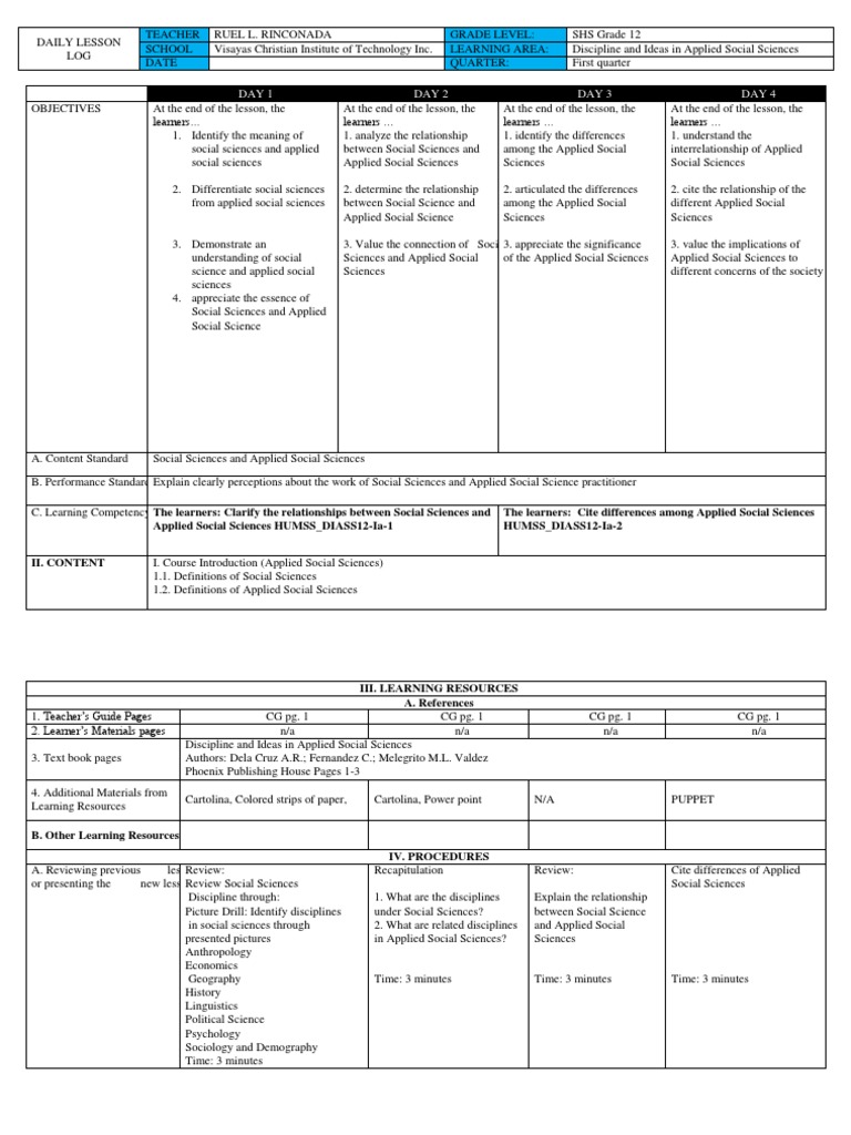 Daily Lesson Log FOR DIASS | PDF | Social Science | Academia