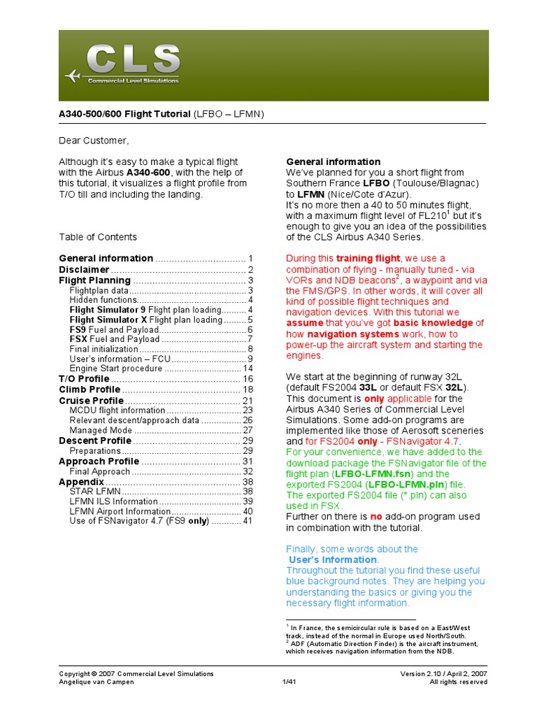 Flight Tutorial CLS A340 Series LFBO-LFMN | PDF | Aviation | Aerospace ...