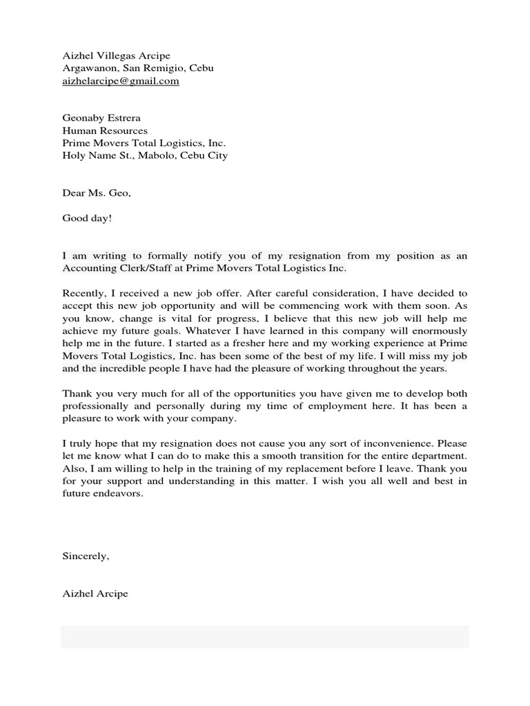Resignation letter from accounting clerk | PDF