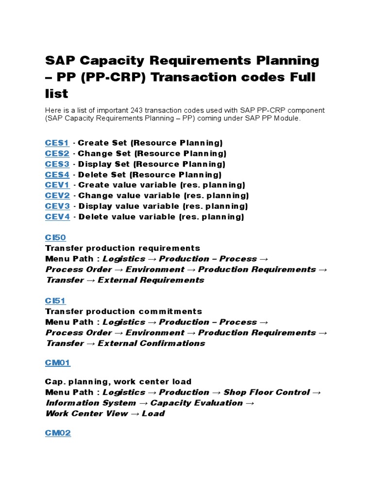 Capacity Requirement Planning - T Codes & Tables | Download Free PDF ...