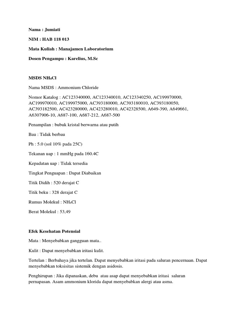 MSDS Ammonium Chloride (NH4Cl) | PDF