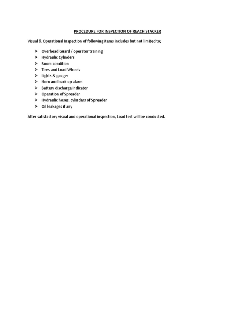 Procedure For Inspection of Reach Stacker PDF | PDF