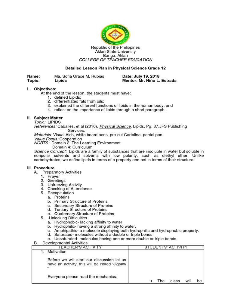 Lesson Plan in Grade 12 - Lipids | PDF | Cell Membrane | Lipid