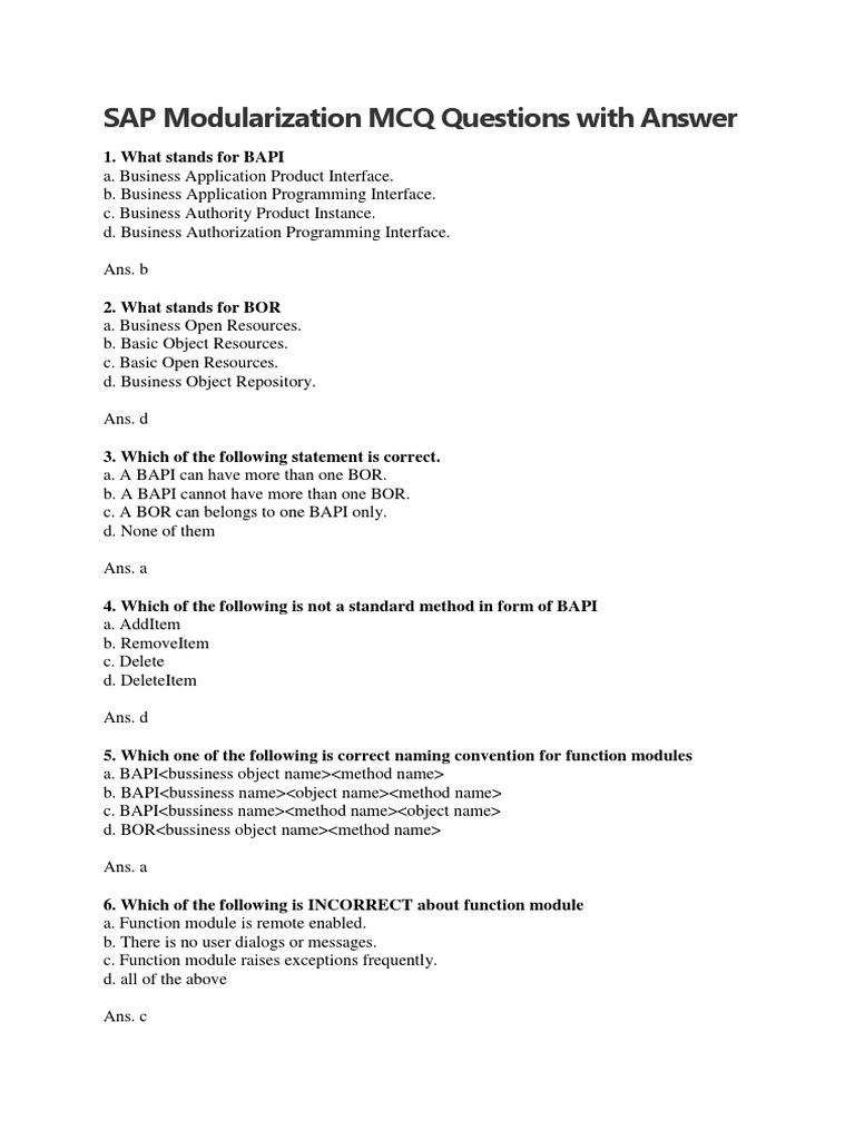 SAP Modularization MCQ Questions With Answer | Download Free PDF | Subroutine | Class (Computer ...