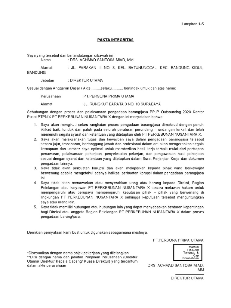 Pakta Integritas (PT - Persona Prima Utama) 20191212 | PDF