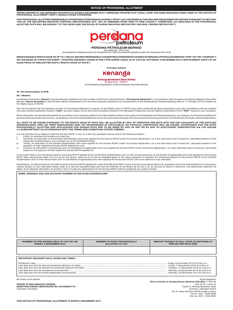 Perdana Petroleum - NPA and RSF Form | PDF | Securities (Finance ...