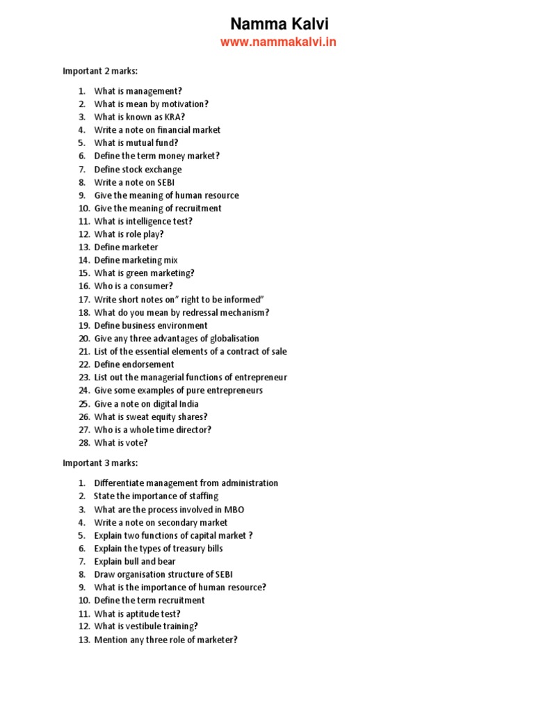 12th Commerce Important Questions Guide | PDF | Marketing | Capital ...
