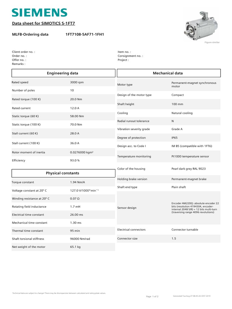 SIMOTICS S-1FT7 Motor Data Sheet | PDF | Electric Motor | Electrical ...