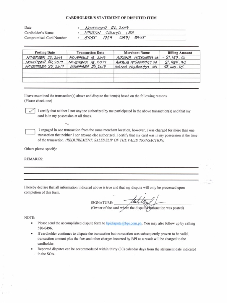 BPI Dispute Form