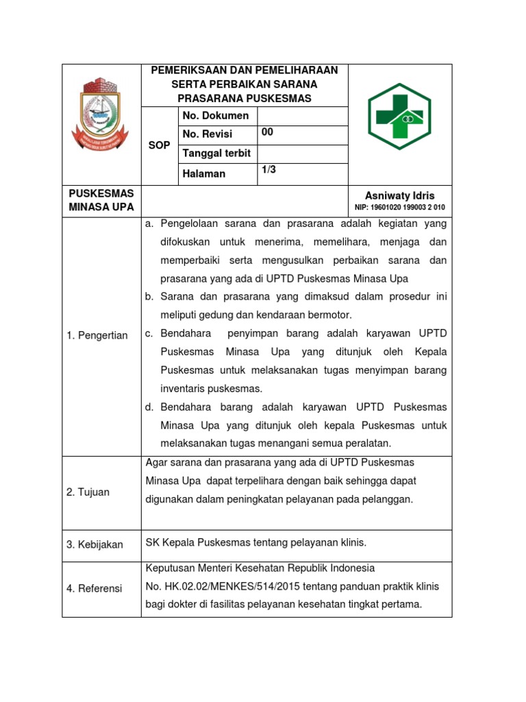 Sop Pemeriksaan Dan Pemeliharaan Serta Perbaikan Sarana Prasarana Puskesmas | PDF