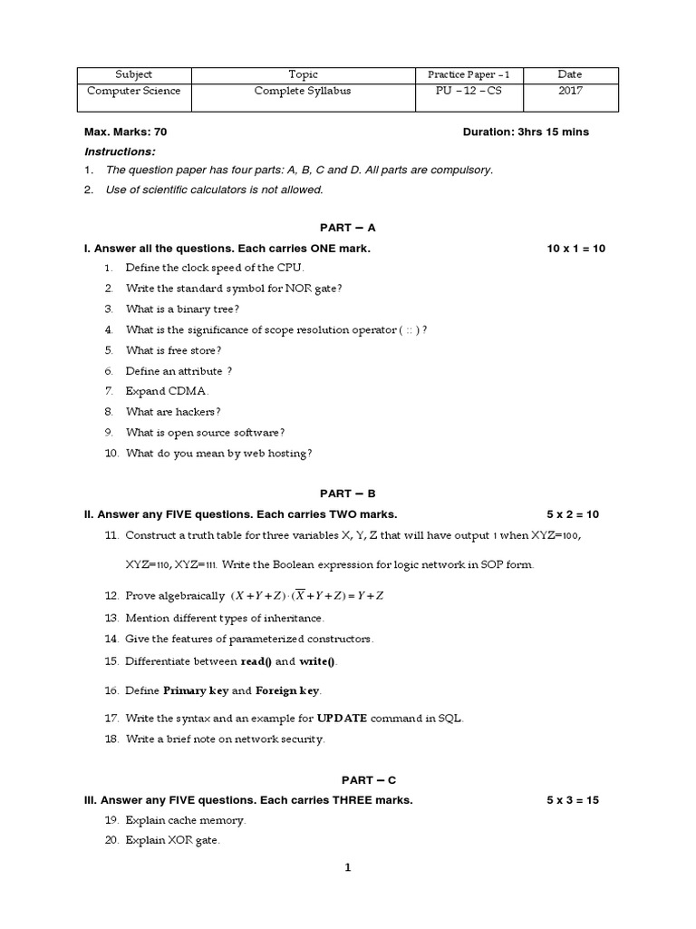 2nd PUC Computer Science Model Paper | PDF | C++ | Areas Of Computer ...