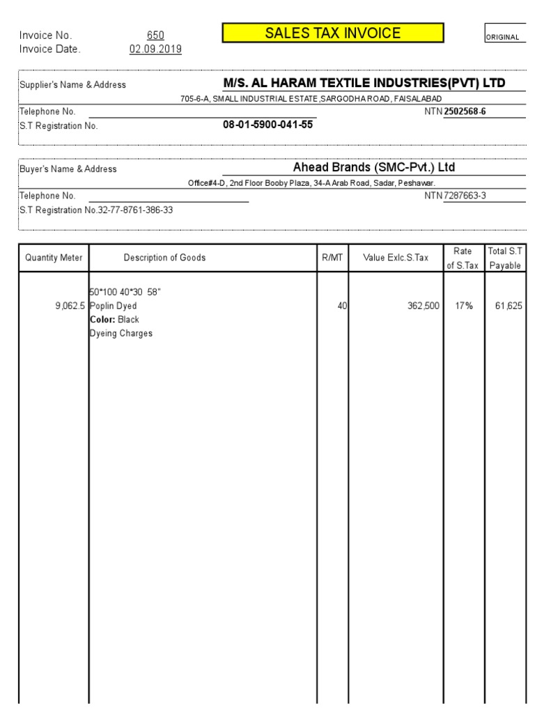 Sales Tax Invoices for Textile Products from Al Haram Textile ...