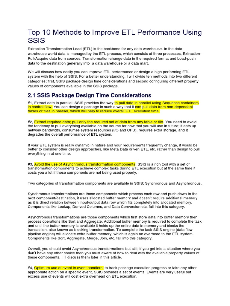 Top 10 Methods To Improve Etl Performance Using Ssis Pdf Microsoft Sql Server Database