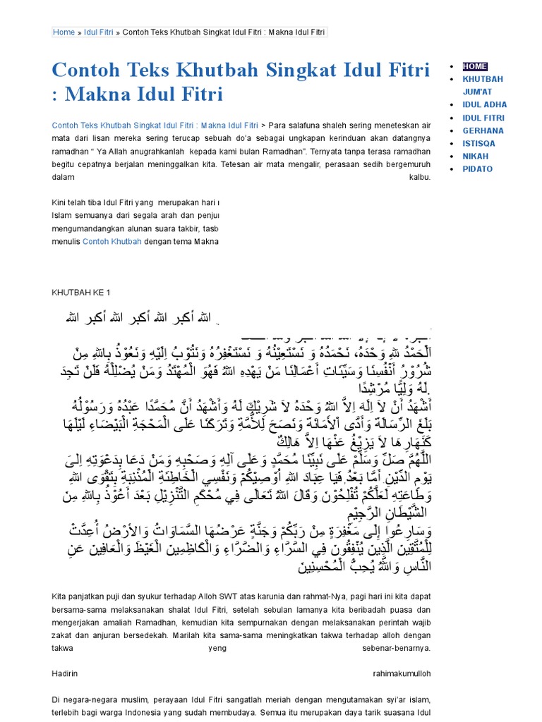 Contoh Teks Khutbah Singkat Idul Fitri | PDF