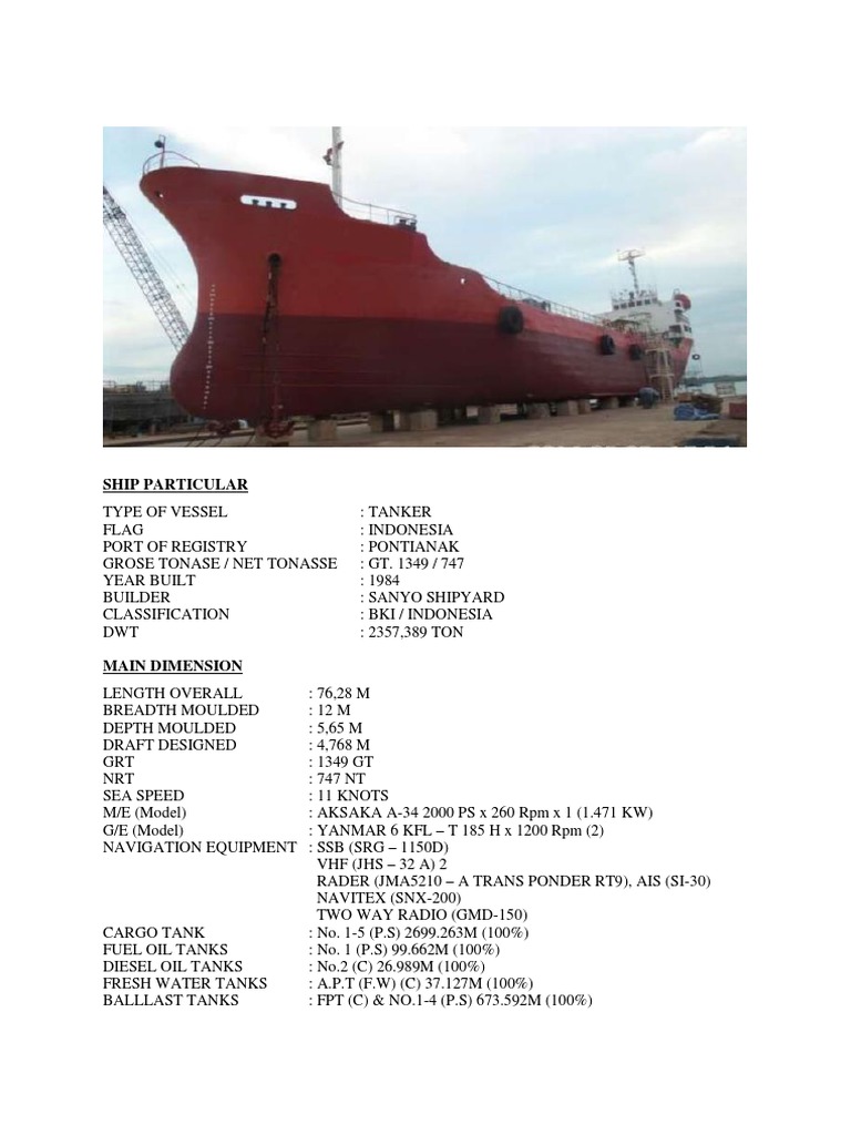 Tanker Ship Particulars: GT 1349 | PDF