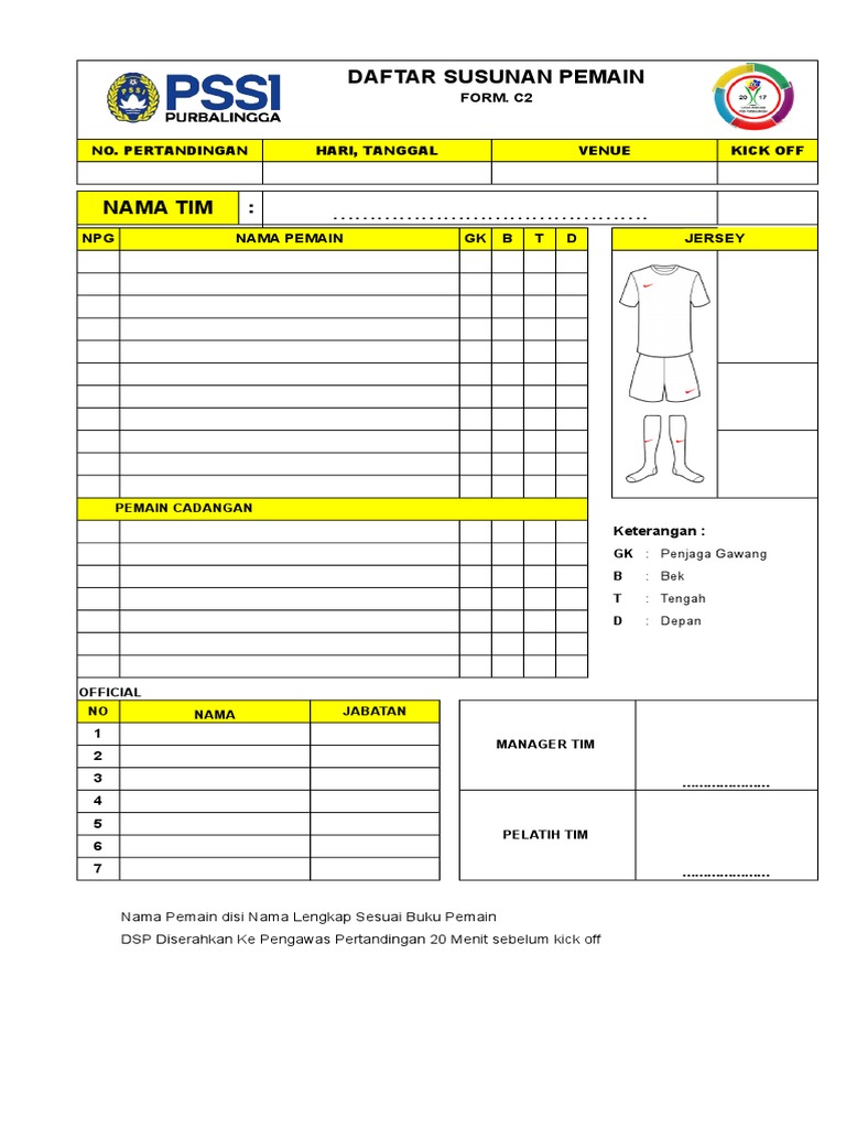 Format Daftar Susunan Pemain Sepak Bola | PDF