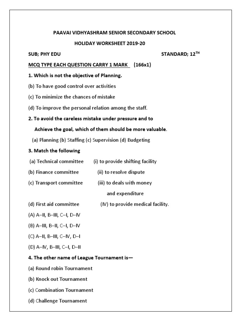Holiday Worksheet Phy Edu 12th | PDF | Anatomical Terms Of Motion | Nutrients