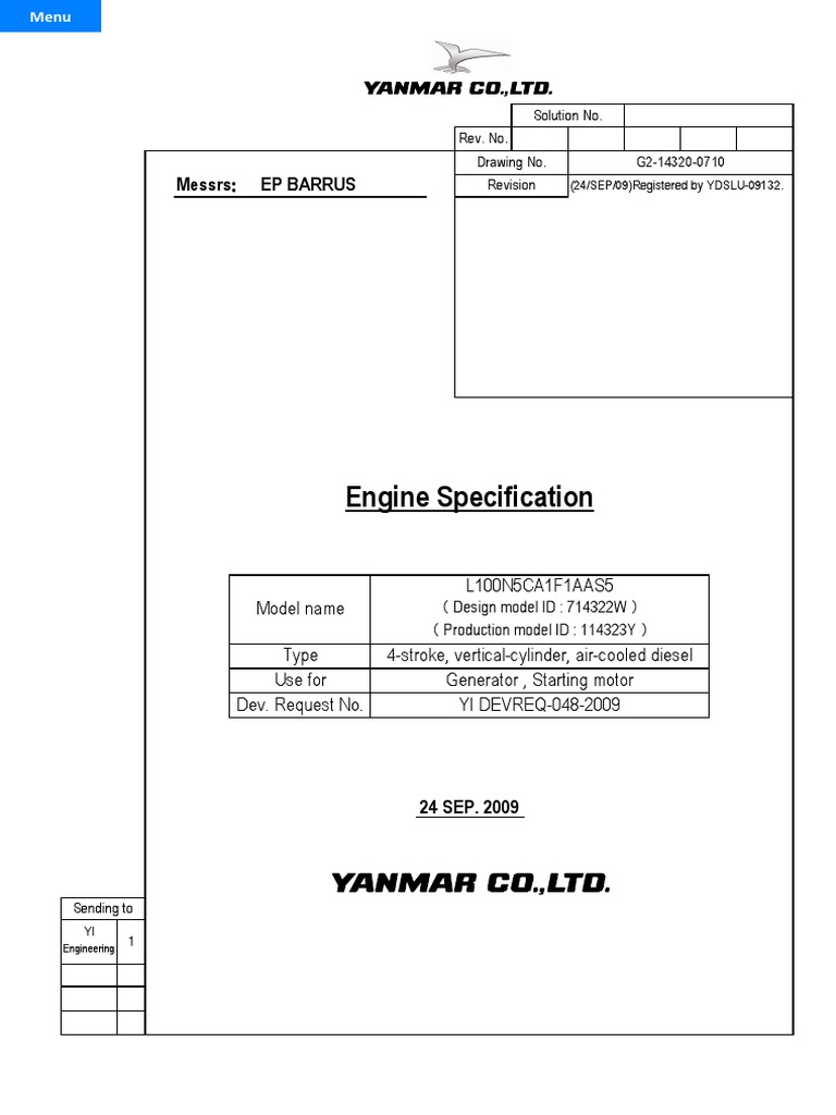 Yan L100N Spec Sheet | PDF | Engines | Diesel Engine