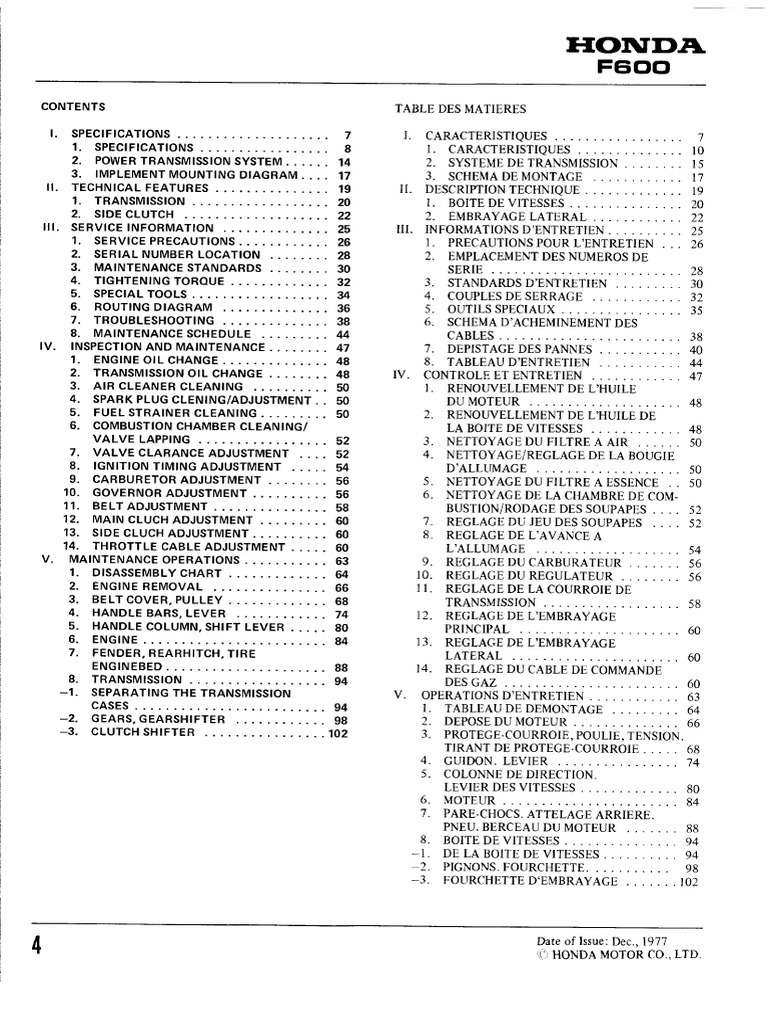 Service Manual Rotovator Tiller Einachser Honda F600 | PDF
