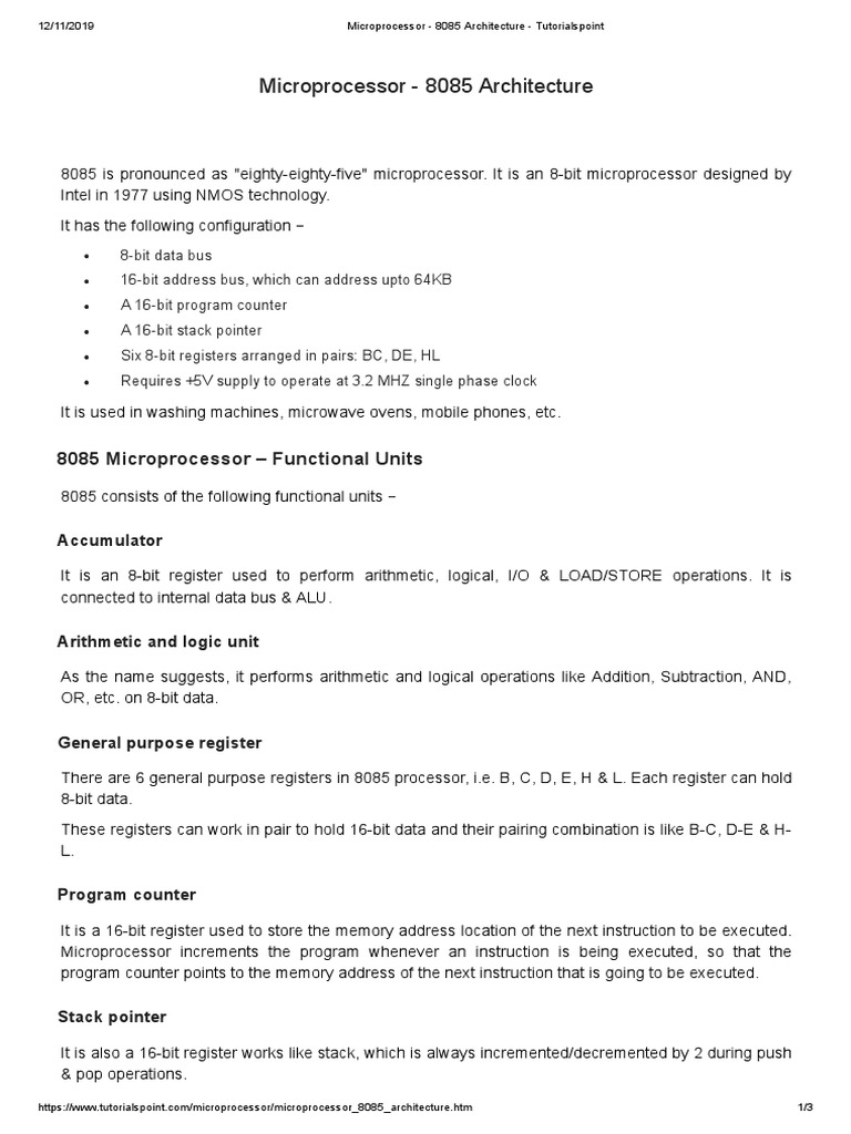 Microprocessor - 8085 Architecture - Tutorialspoint | PDF | Central ...