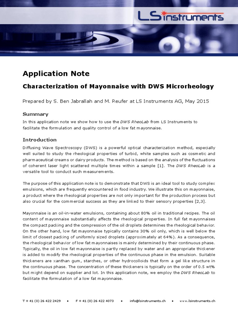Application Note - Characterization of Mayonnaise With DWS Microrheology | PDF | Mayonnaise ...
