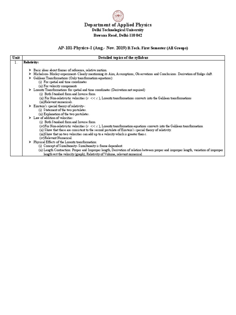 AP 101 Syllabus | PDF | Special Relativity | Diffraction