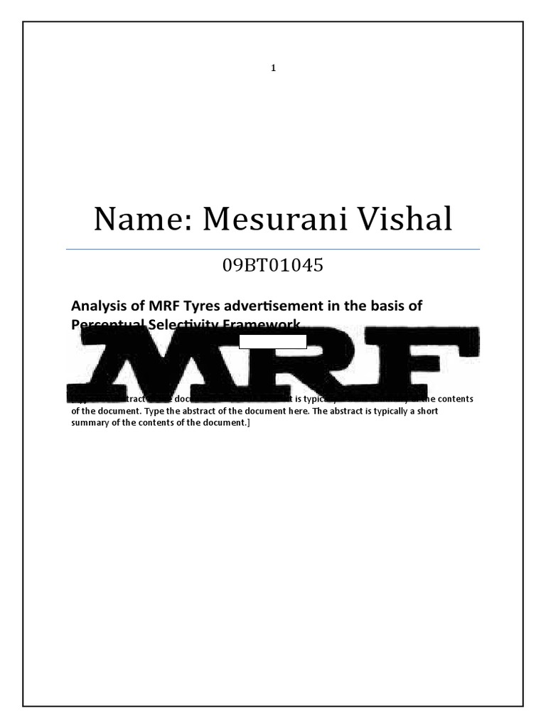 MRF Tyres Advertisement Analysis | PDF | Perception | Subjective Experience