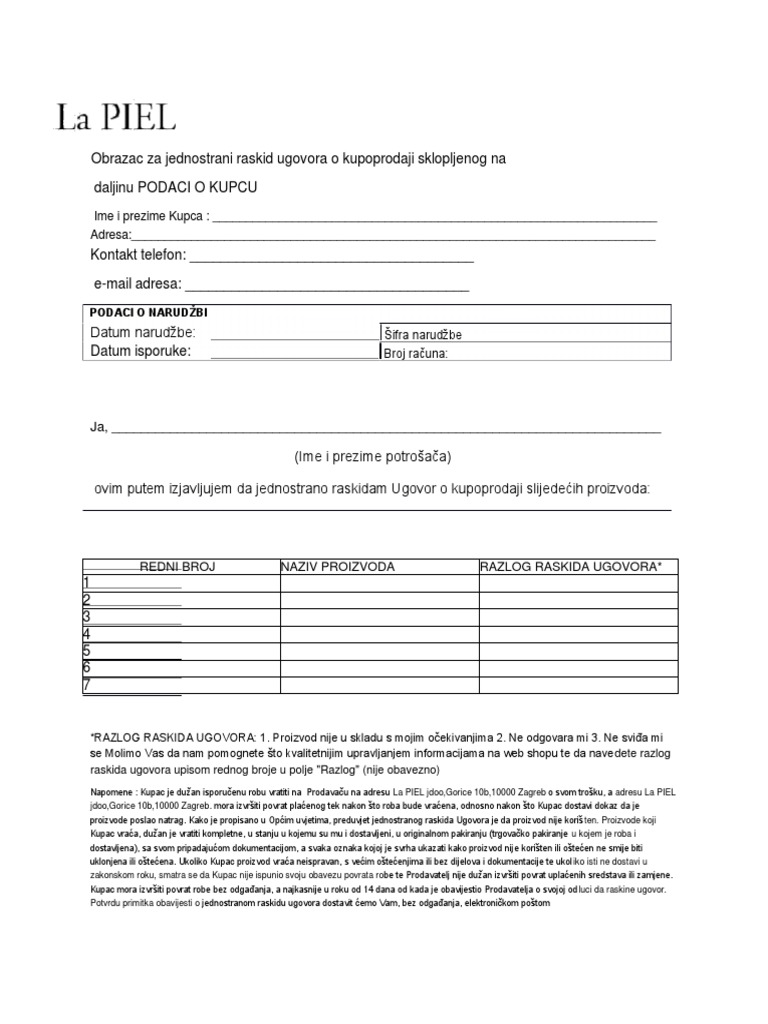 Obrazac Za Jednostrani Raskid Ugovora