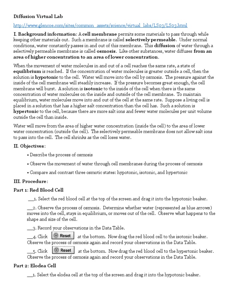 Glencoe Osmosis Virtual Lab Pdf Osmosis Applied And