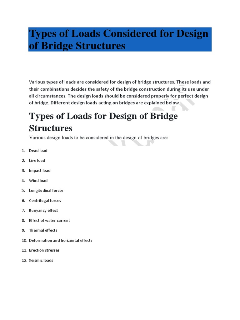 Types of Loads Considered For Design of Bridge Structures | PDF ...