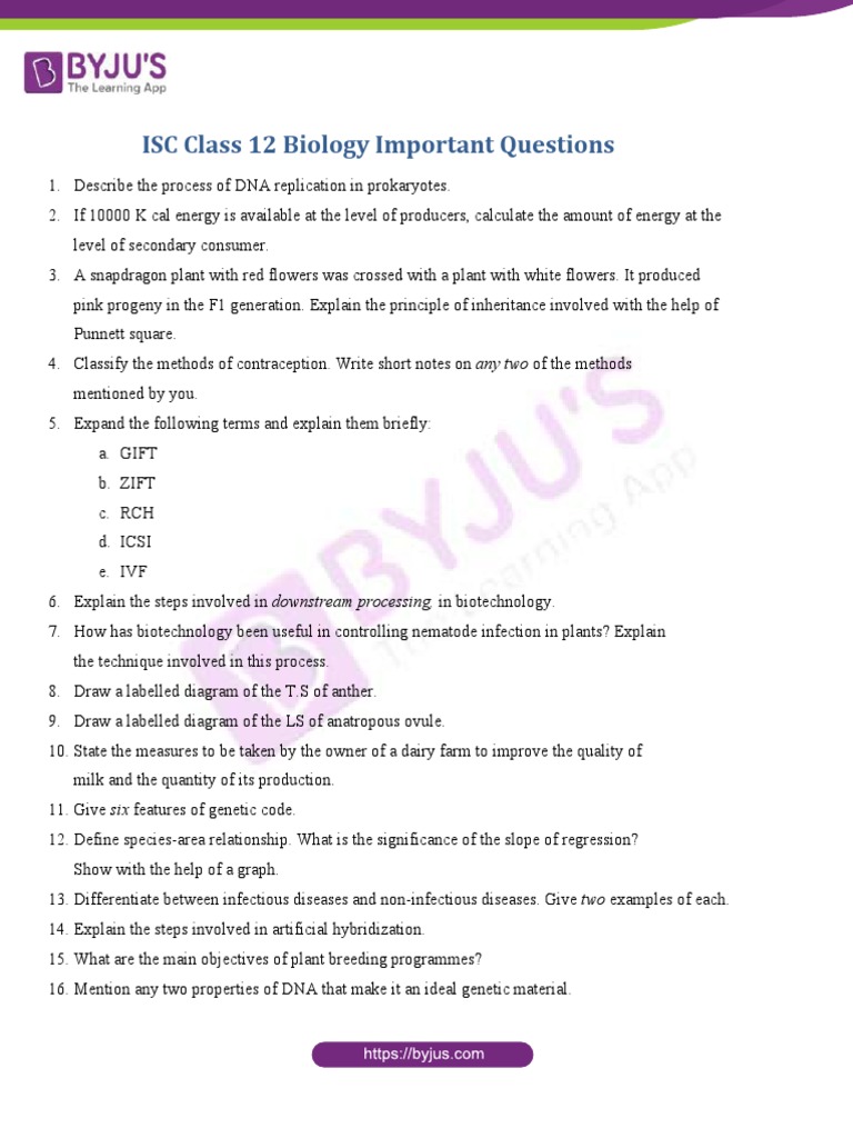 ISC Class 12 Biology Important Questions | PDF