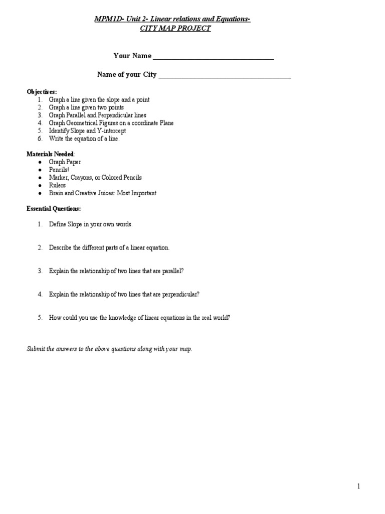 MPM1D Linear Equations City Map | PDF | Cartesian Coordinate System ...