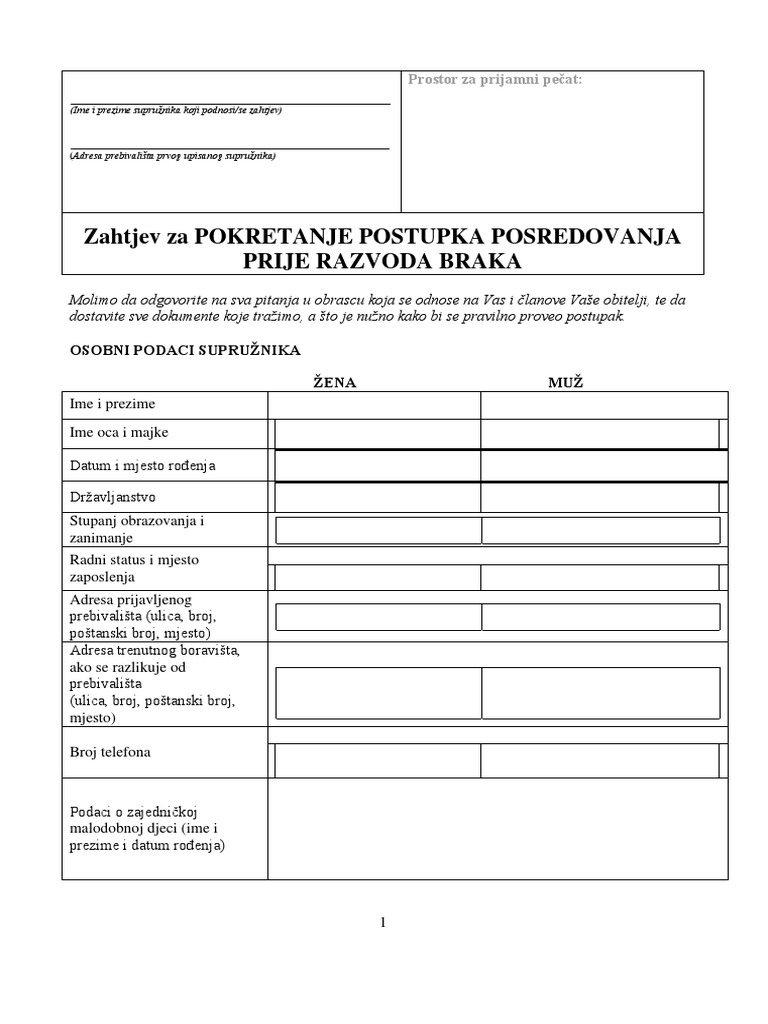 Zahtjev Za Posredovanje Prije Razvoda Braka | PDF