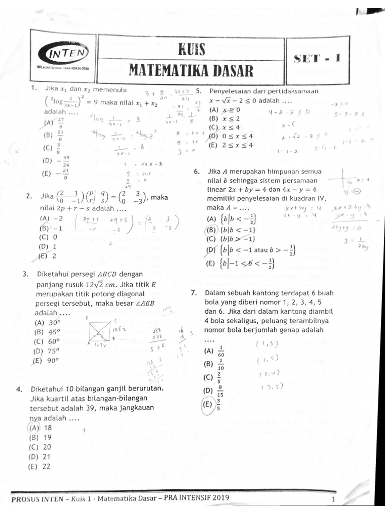Prosus Inten - Try Out Matematika Dasar 1 PDF | PDF
