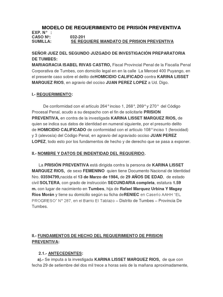 Modelo de Requerimiento de Prisión Preventiva | PDF | Homicidio | Asesinato