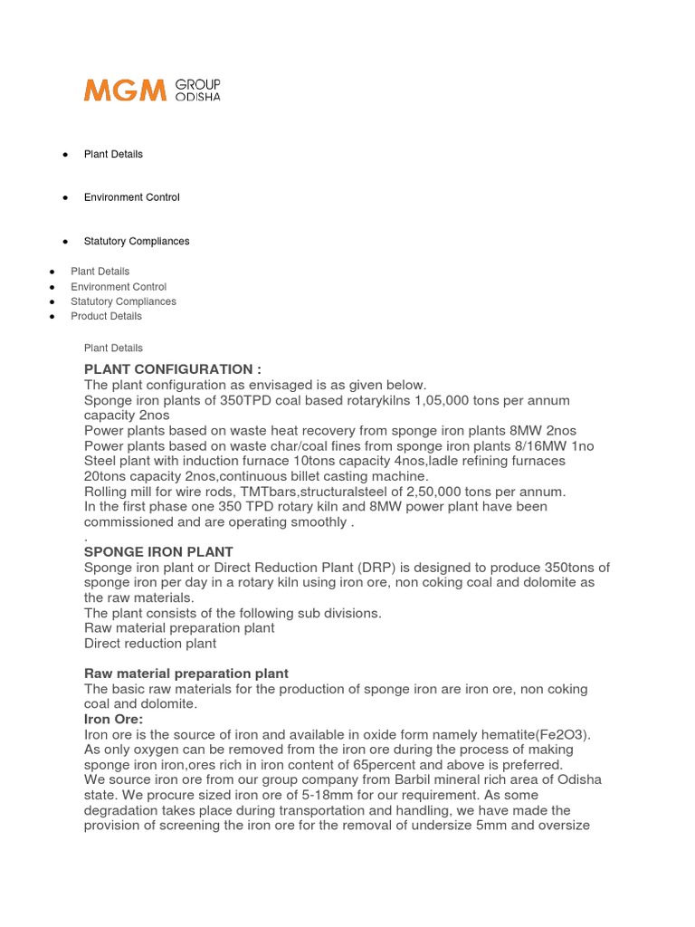 Sponge Iron Plant | PDF | Iron | Coal