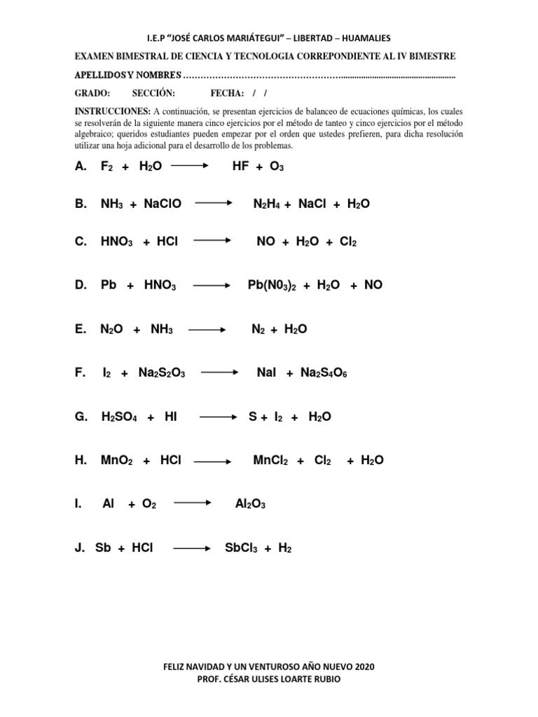 Hoja De Trabajo Sobre El Equilibrio De Ecuaciones Químicas Reacciones