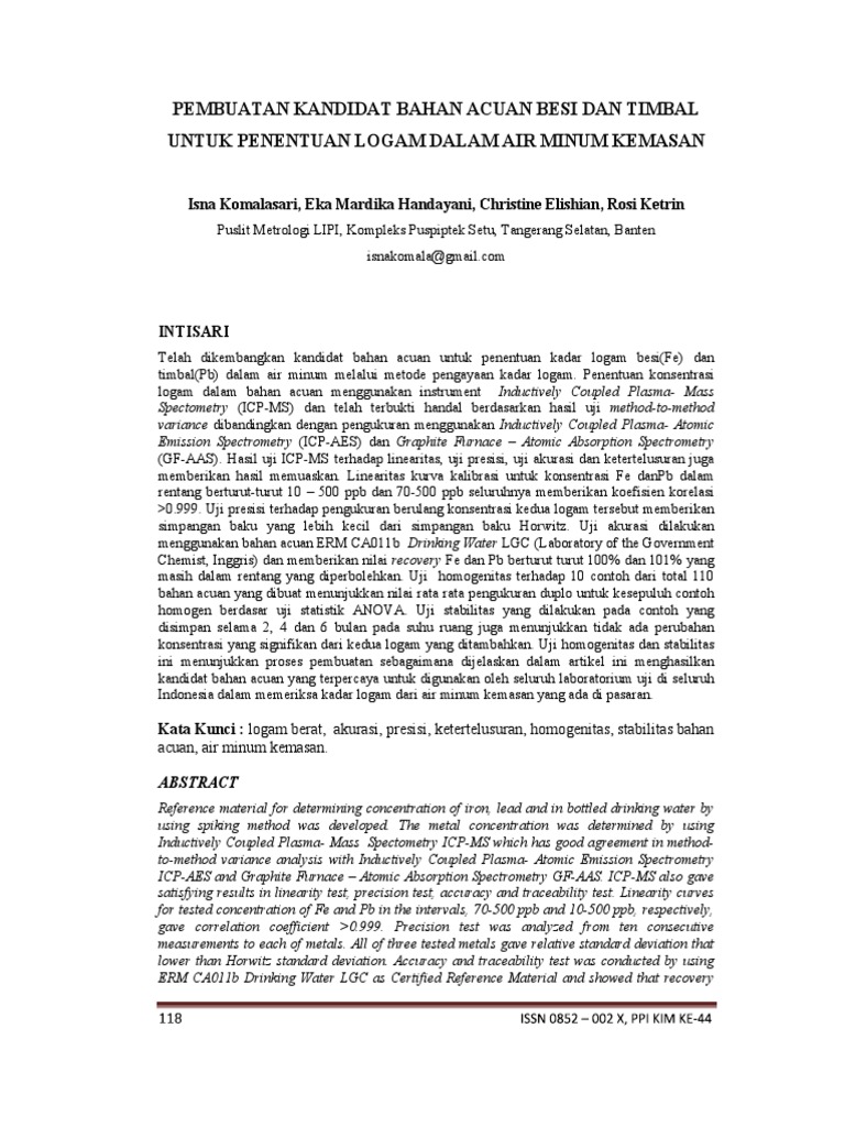 Pembuatan Kandidat Bahan Acuan Besi Dan Timbal Untuk Penentuan Logam ...