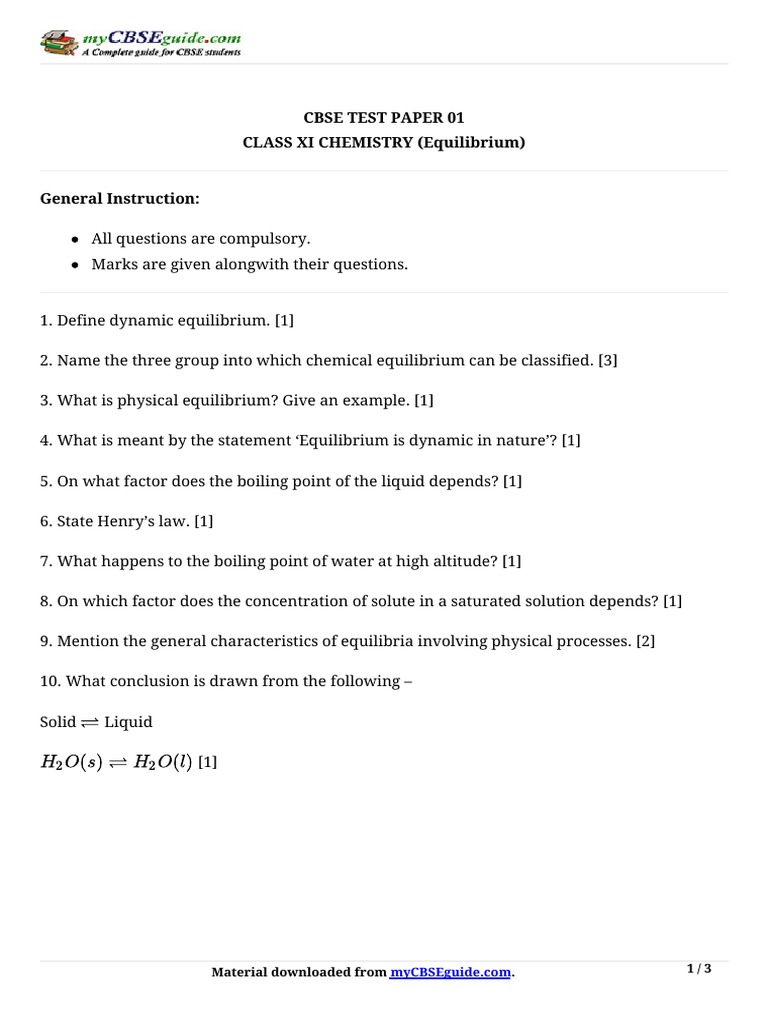 11 Chemistry Test Paper ch7 1 | PDF | Chemical Equilibrium | Solution