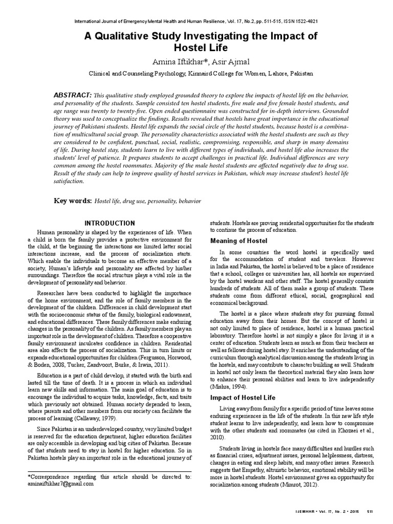 A Qualitative Study Investigating The Impact of Hostel Life PDF | PDF ...